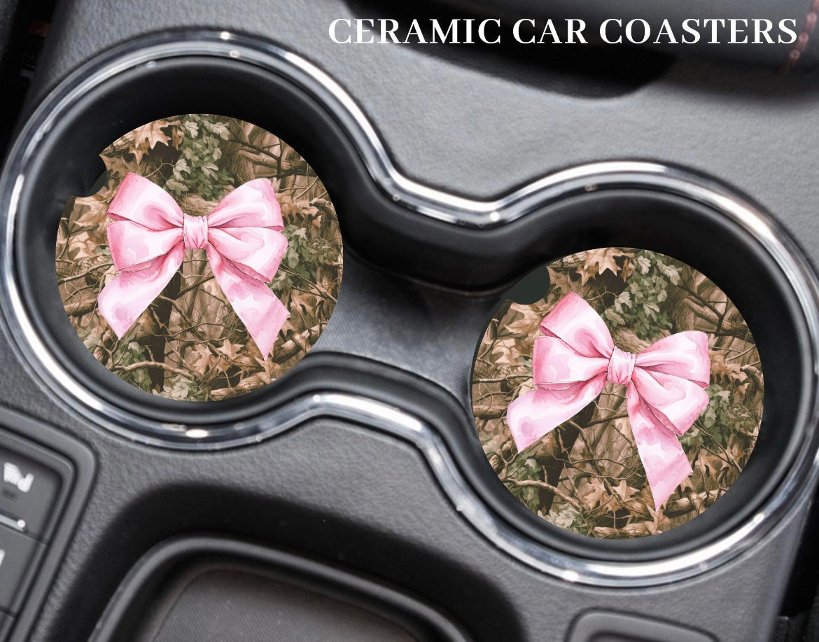 Pink Bow On Camo Ceramic Car Coasters (Set of 2) – Rustic Blush Boutique